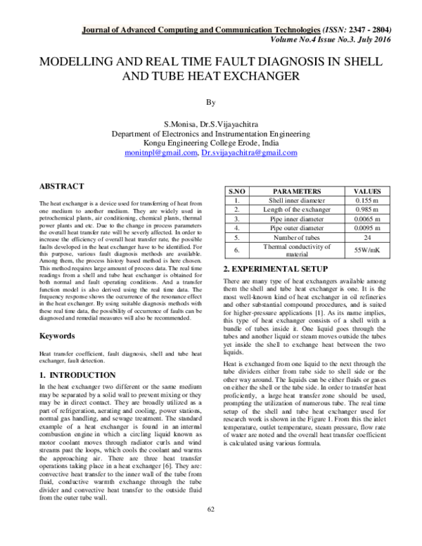 (PDF) MODELLING AND REAL TIME FAULT DIAGNOSIS IN SHELL AND TUBE HEAT ... (PDF) MODELLING AND REAL TIME FAULT DIAGNOSIS IN SHELL AND TUBE HEAT ...