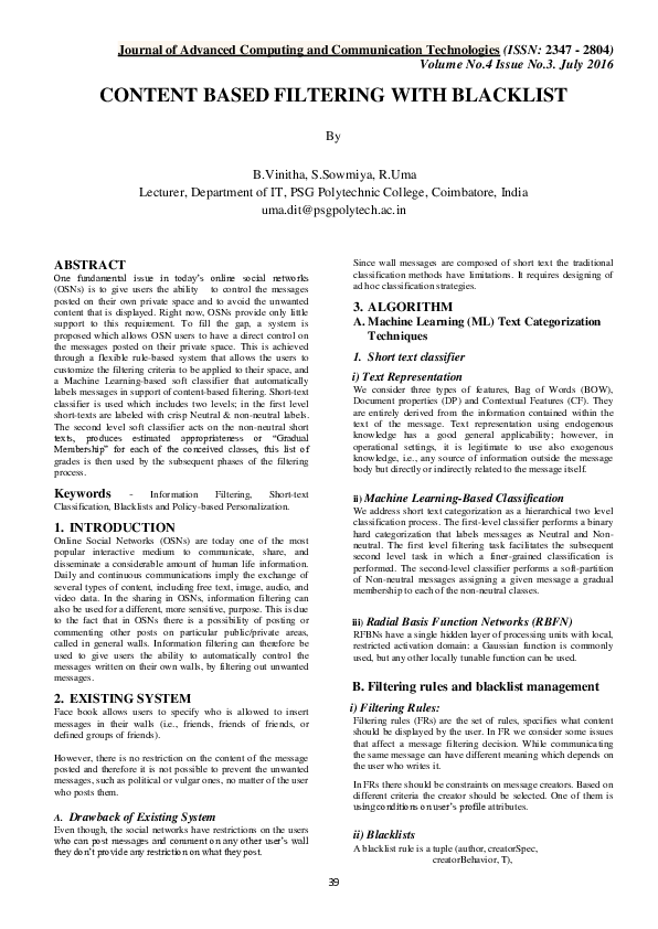 (PDF) CONTENT BASED FILTERING WITH BLACKLIST
