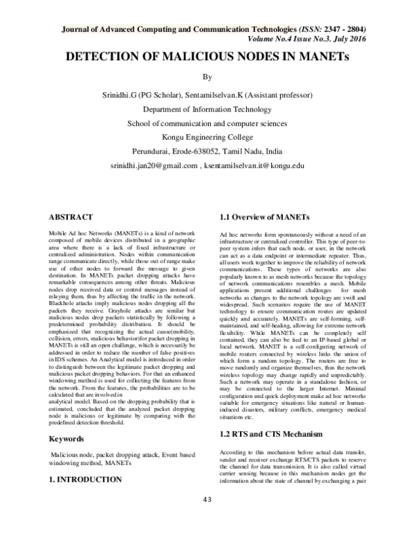 Pdf Detection Of Malicious Nodes In Manets