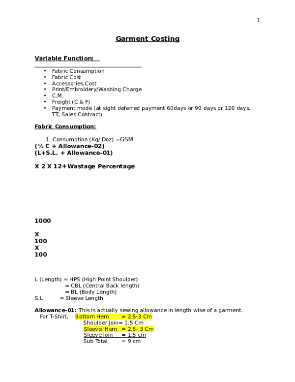 (DOC) Garment Costing Variable Function