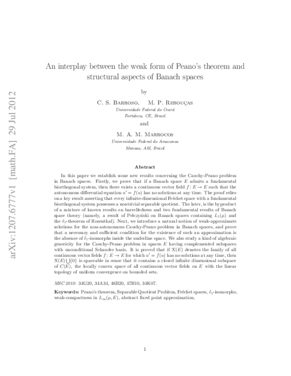 (PDF) An interplay between the weak form of Peano's theorem and structural aspects of Banach spaces