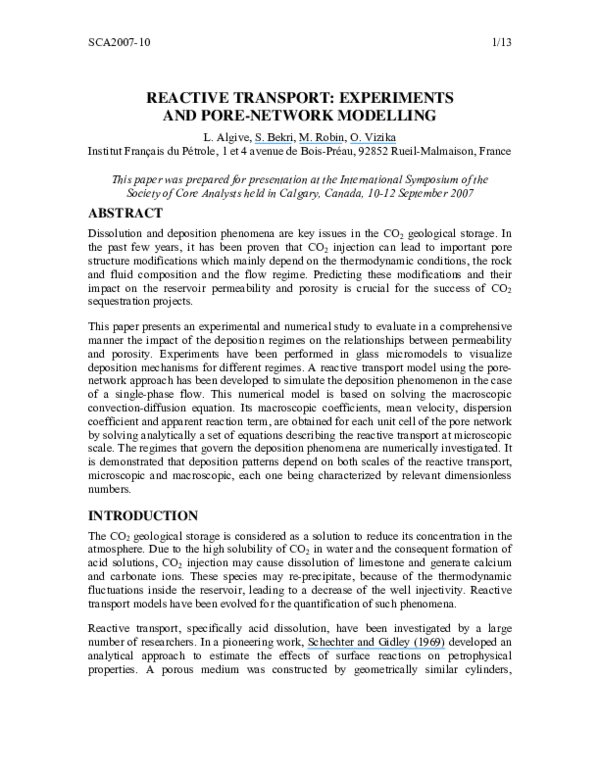 (PDF) Reactive Transport: Experiments and Pore-Network Modelling