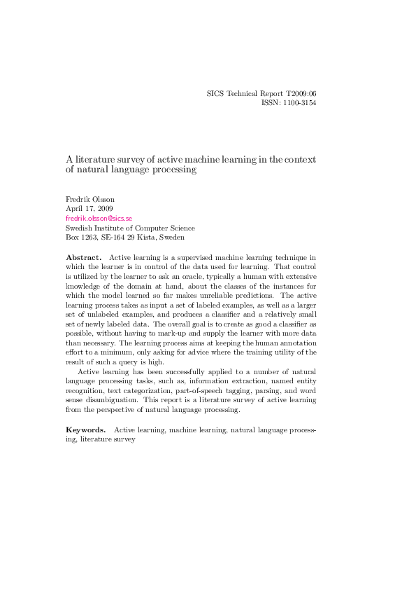 Pdf A Literature Survey Of Active Machine Learning In The Context Of Natural Language Processing