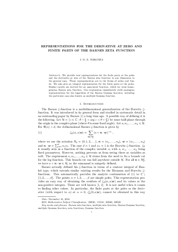 Representations for the derivative at zero and finite parts of the ...