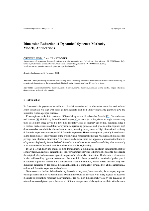 (PDF) Dimension Reduction of Dynamical Systems: Methods, Models, Applications