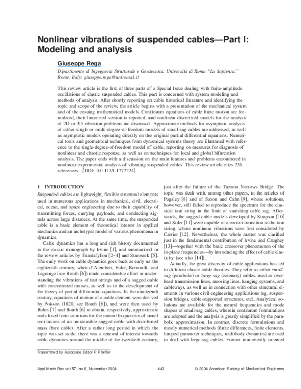 Pdf Nonlinear Vibrations Of Suspended Cables—part I Modeling And Analysis