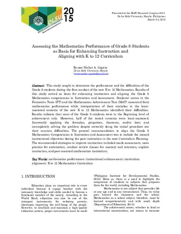 (PDF) Assessing the Mathematics Performance of Grade 8 Students as ...