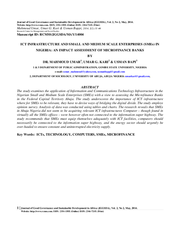 ICT INFRASTRUCTURE AND SMALL AND MEDIUM SCALE ENTERPRISES (SMEs) IN NIGERIA: AN IMPACT ...
