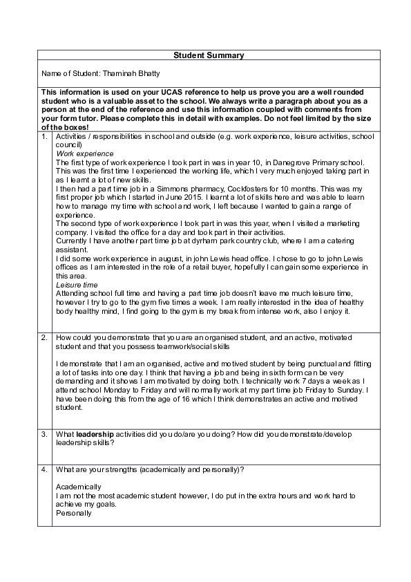 (DOC) UCAS Student Summary | Thaminah Bhatty - Academia.edu