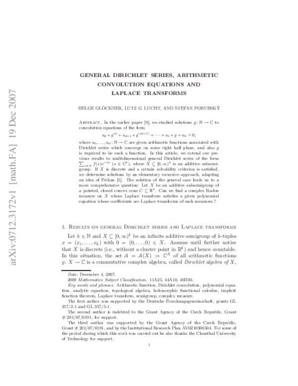 (PDF) General Dirichlet series, arithmetic convolution equations and Laplace transforms