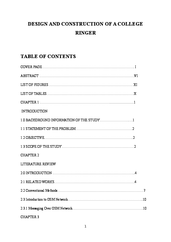 (DOC) DESIGN AND CONSTRUCTION OF A COLLEGE RINGER TABLE OF CONTENTS