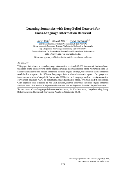 Pdf Learning Semantics With Deep Belief Network For Cross Language