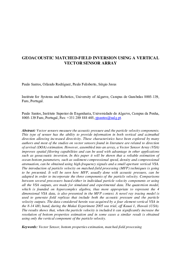 (PDF) Geoacoustic matched-field inversion using a vertical vector sensor array