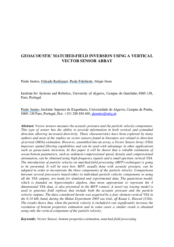 Pdf Geoacoustic Matched Field Inversion Using A Vector Sensor Array