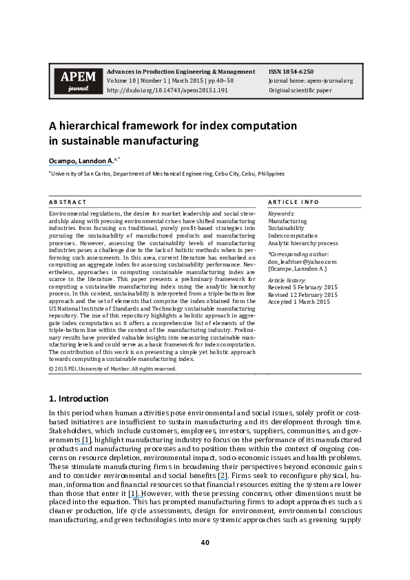(PDF) A hierarchical framework for index computation in sustainable ...