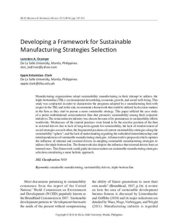 (PDF) Developing a framework for sustainable manufacturing strategies ...