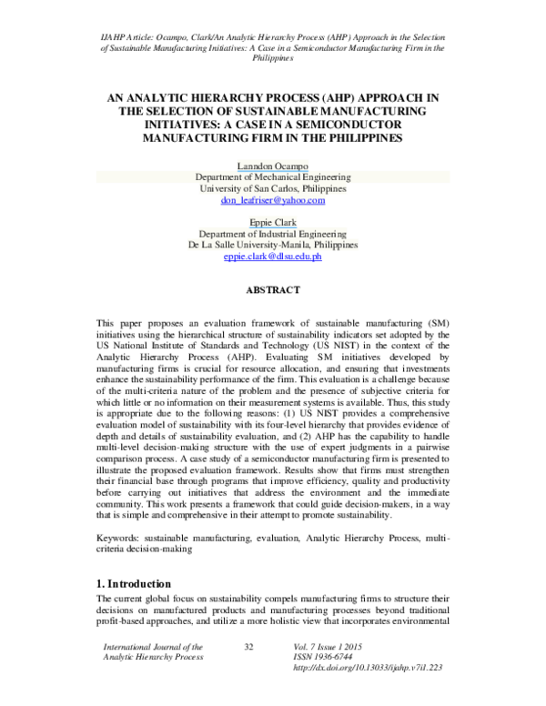 Pdf An Analytic Hierarchy Process Ahp Approach In The Selection Of Sustainable Manufacturing