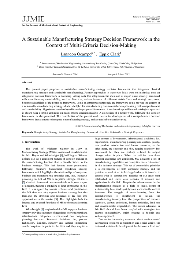 (PDF) A sustainable manufacturing strategy decision framework in the ...