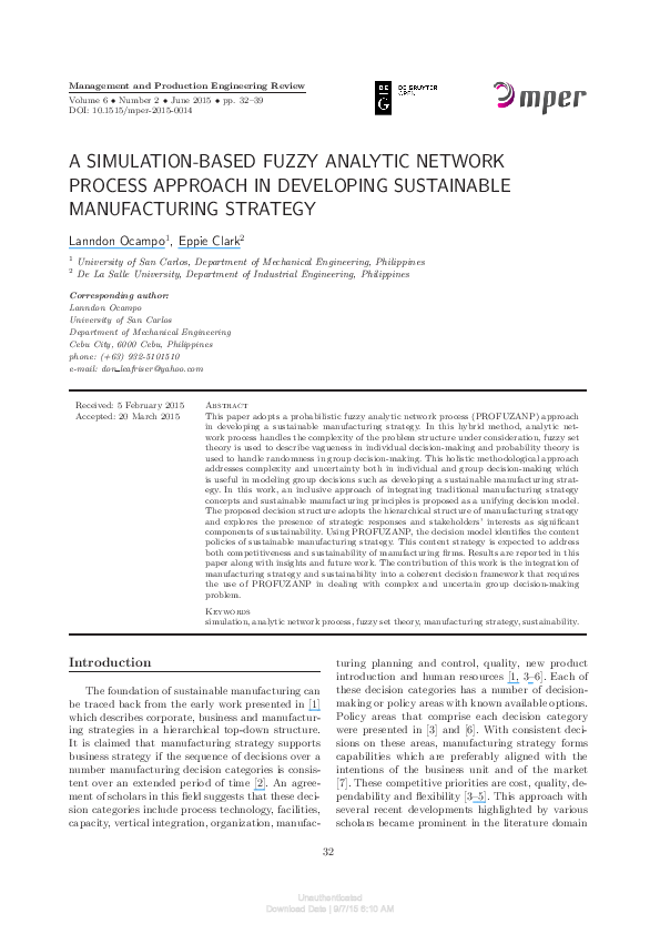 Pdf A Simulation Based Fuzzy Analytic Network Process Approach In