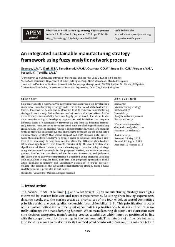 (PDF) An integrated sustainable manufacturing strategy framework using fuzzy analytic network ...