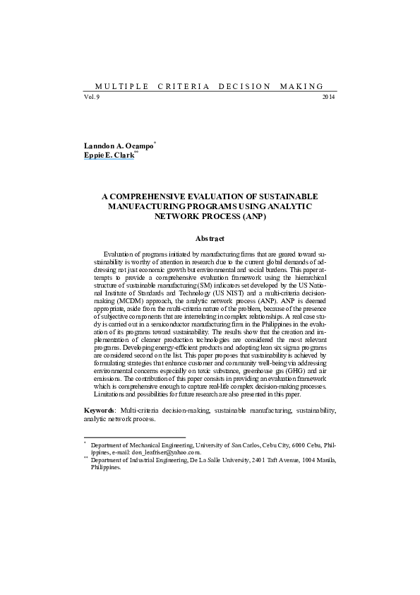 (PDF) A comprehensive evaluation of sustainable manufacturing programs using analytic network ...