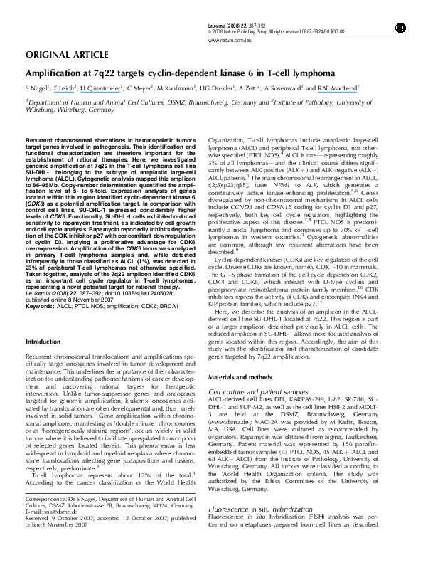 (PDF) Amplification at 7q22 targets cyclin-dependent kinase 6 in T-cell Iymphoma