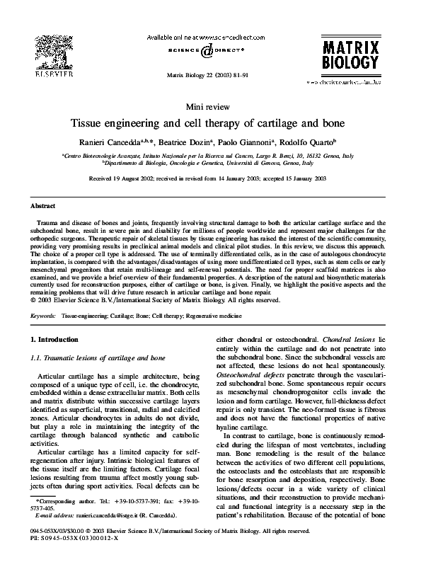 (PDF) Tissue engineering and cell therapy of cartilage and bone