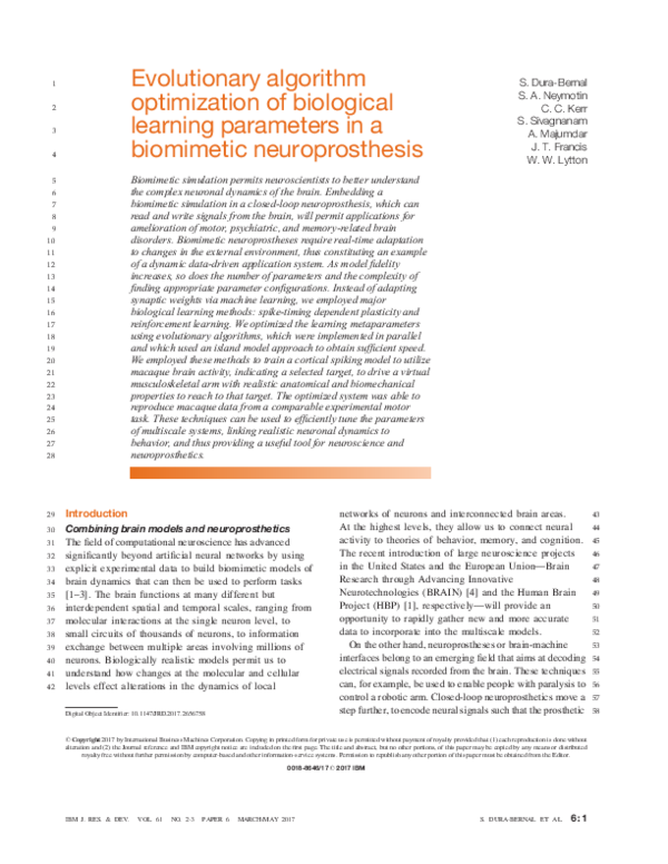 (PDF) Evolutionary algorithm optimization of biological learning parameters in a biomimetic ...