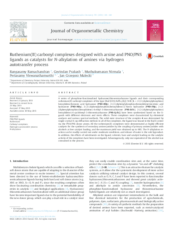 (PDF) Ruthenium(II) carbonyl complexes designed with arsine and PNO/PNS ligands as catalysts for ...