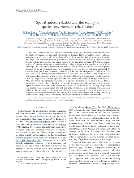 Pdf Spatial Autocorrelation And The Scaling Of Species Environment