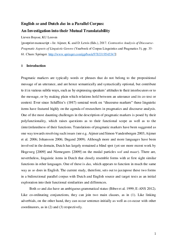 (PDF) English so and Dutch dus in a Parallel Corpus: An Investigation ...