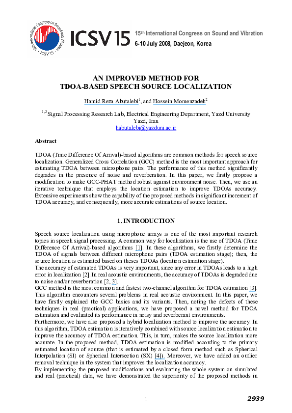 Pdf Signal Processing An Improved Method For Tdoa Based Speech Source Localization