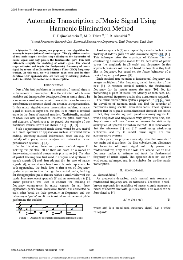 (PDF) Harmonic Elimination for Automatic Music Transcription