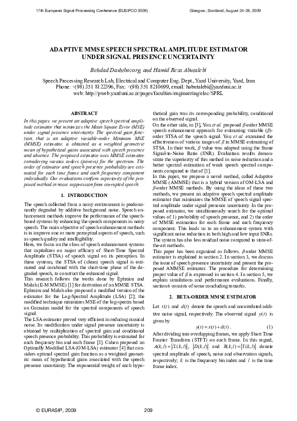 (PDF) Adaptive MMSE speech spectral amplitude estimator under signal presence uncertainty