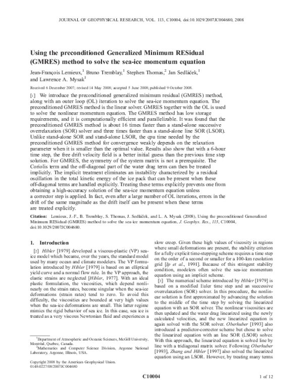 (PDF) Using the preconditioned Generalized Minimum RESidual (GMRES) method to solve the sea-ice ...