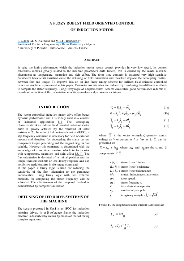 (PDF) A Fuzzy robust field oriented control of induction motor