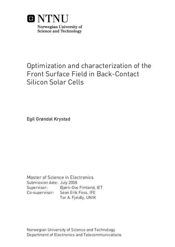 (PDF) Optimization and characterization of the Front Surface Field in Back-Contact Silicon Solar ...