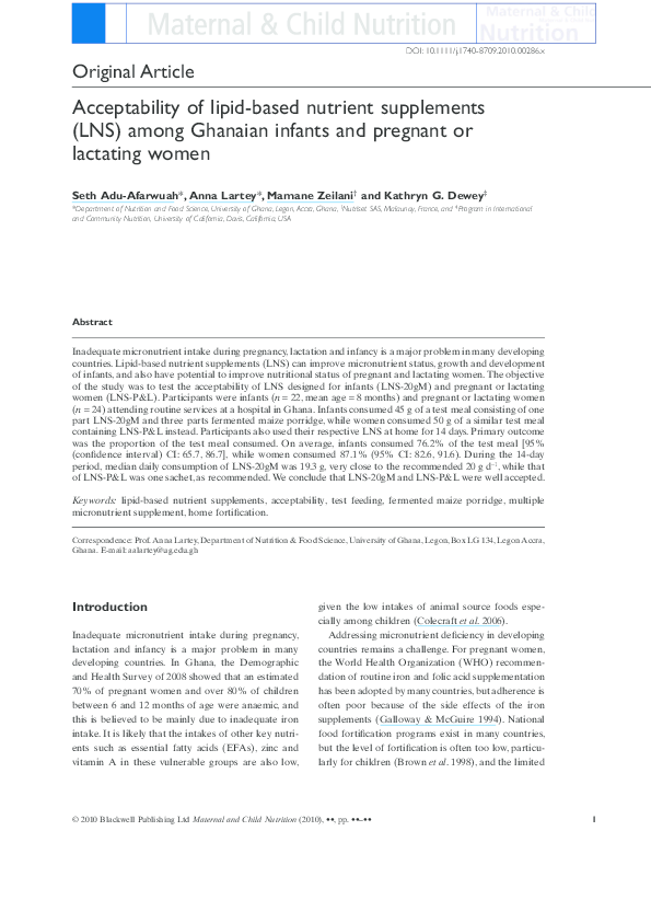 (PDF) Acceptability of lipid-based nutrient supplements (LNS) among ...