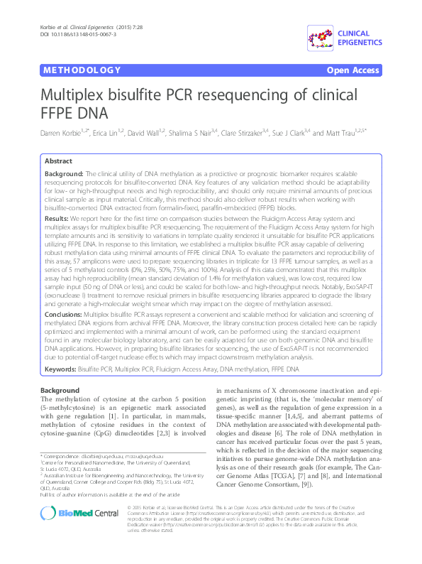 (PDF) Multiplex bisulfite PCR resequencing of clinical FFPE DNA