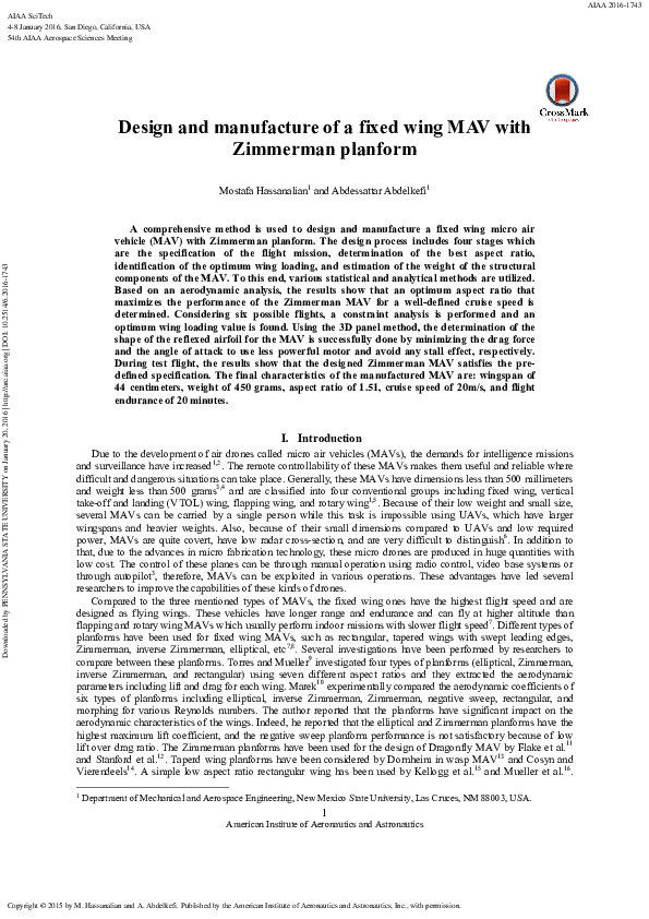 Design and manufacture of a fixed wing MAV with Zimmerman planform