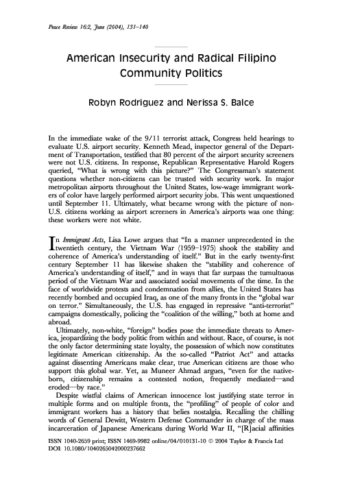 (PDF) American insecurity and radical Filipino community politics