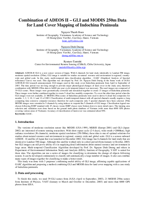 Pdf Combination Of Adeos Ii Gli And Modis 250m Data For Land Cover Mapping Of Indochina Peninsula