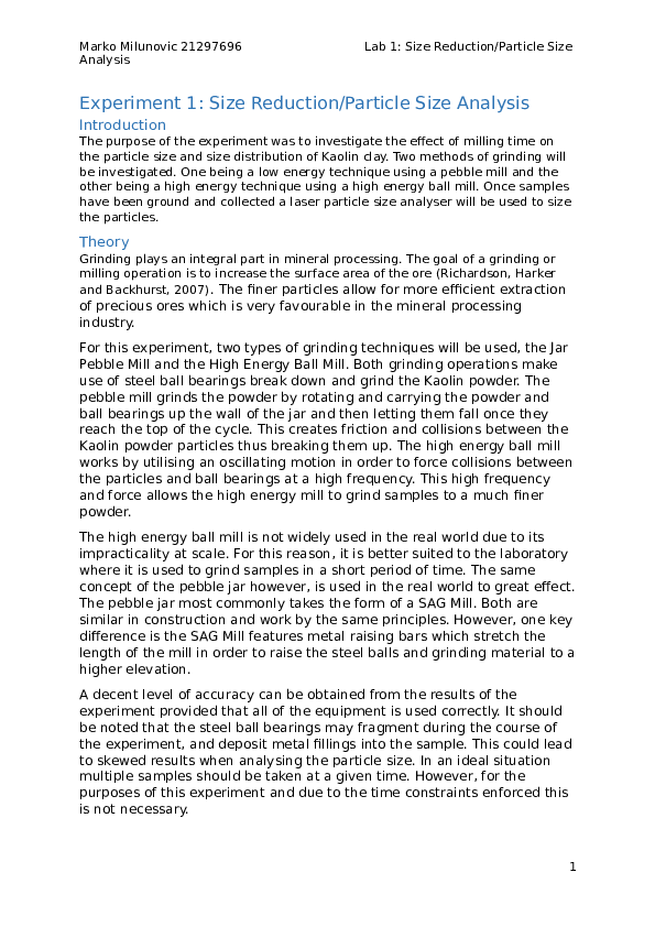 (DOC) Experiment 1: Size Reduction/Particle Size Analysis