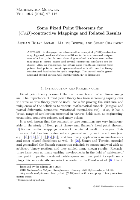 Pdf Some Fixed Point Theorems For Cab Contractive Mappings And Related Results