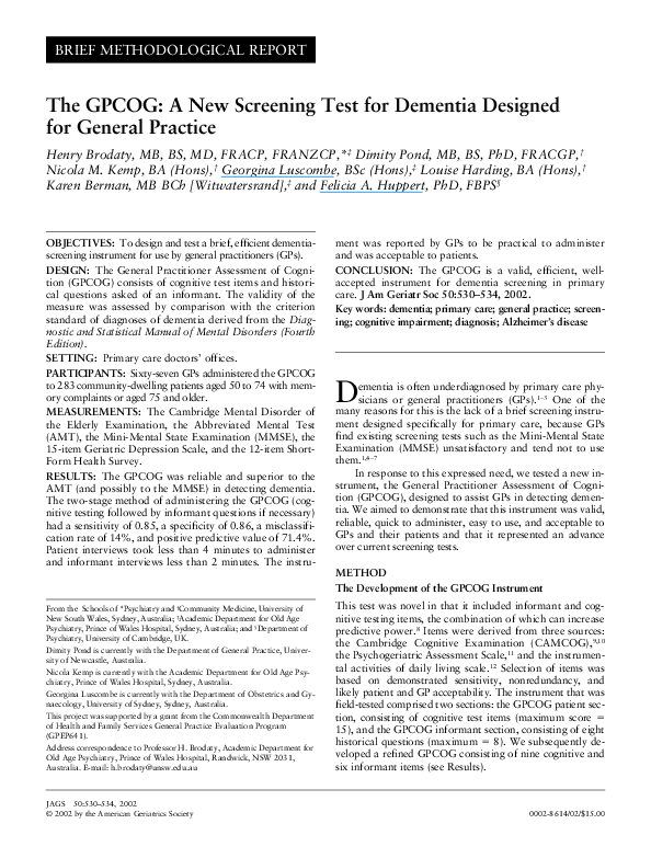 (PDF) The GPCOG: A New Screening Test for Dementia Designed for General ...