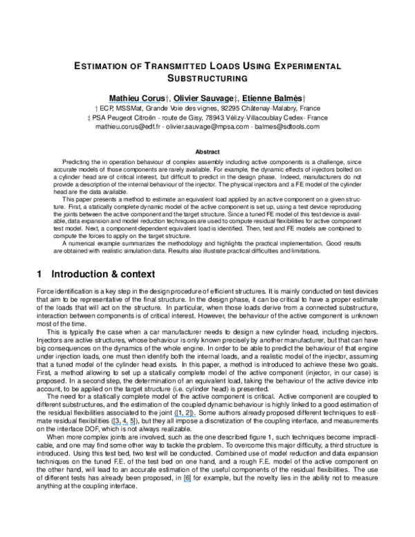 Pdf Estimation Of Transmitted Loads Using Experimental Substructuring