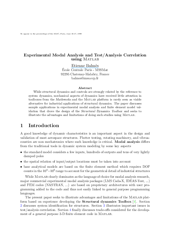 Pdf Experimental Modal Analysis And Test Analysis Correlation
