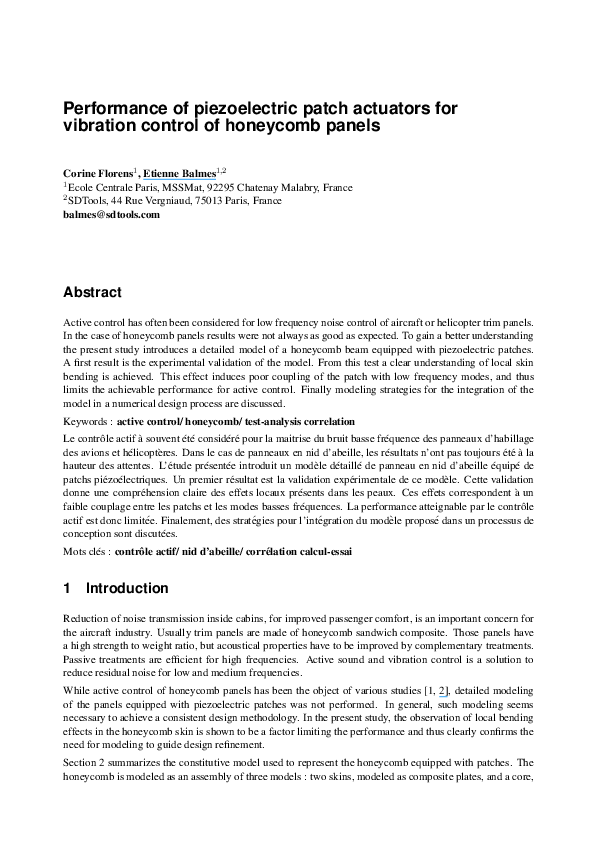 Pdf Performance Of Piezoelectric Patch Actuators For Vibration Control Of Honeycomb Panels