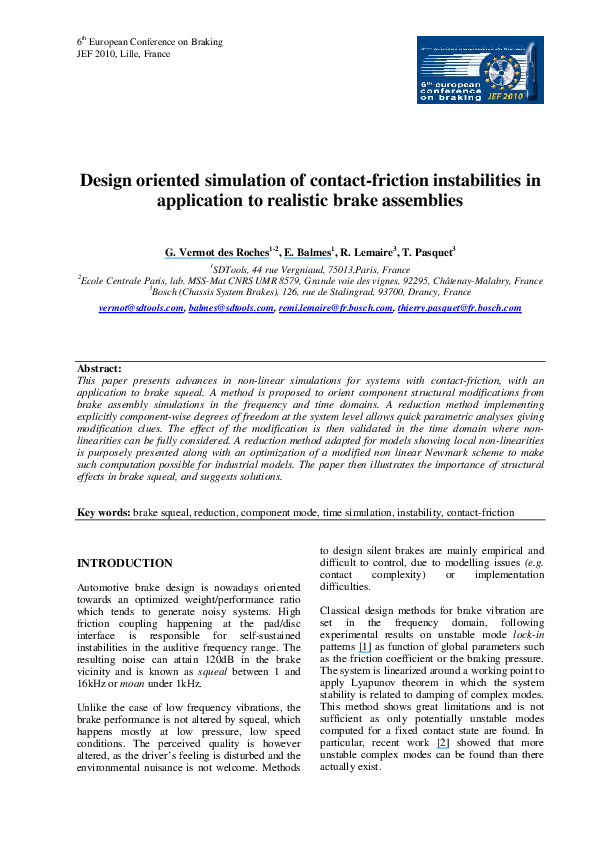 (PDF) Simulation of Brake Assembly Friction Instabilities