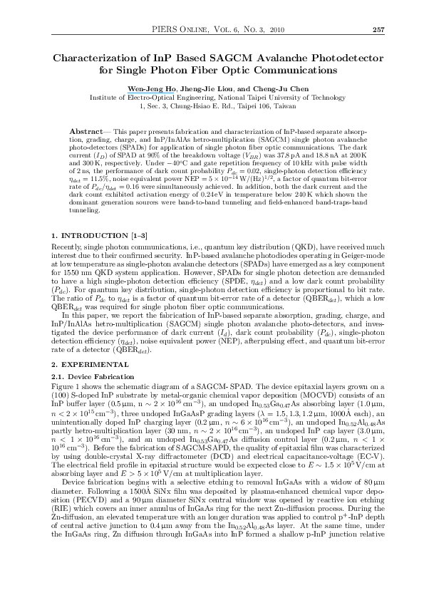 (PDF) Characterization of InP Based SAGCM Avalanche Photodetector for Single Photon Fiber Optic ...